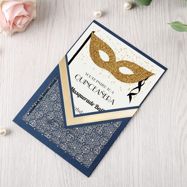 Blue ‘V’ pull-out laser-cut invitation card - Invitationcards