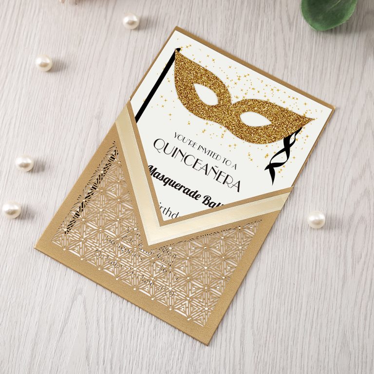Golden ‘V’ pull-out laser-cut invitation card - Invitationcards