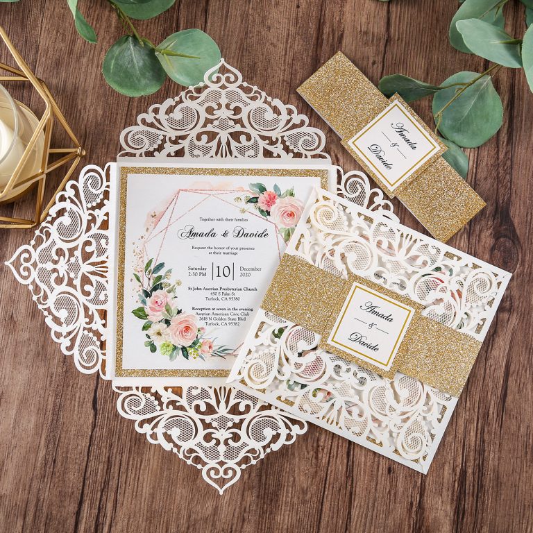 Ivory-white laser cut pocket classically modern invitation card ...