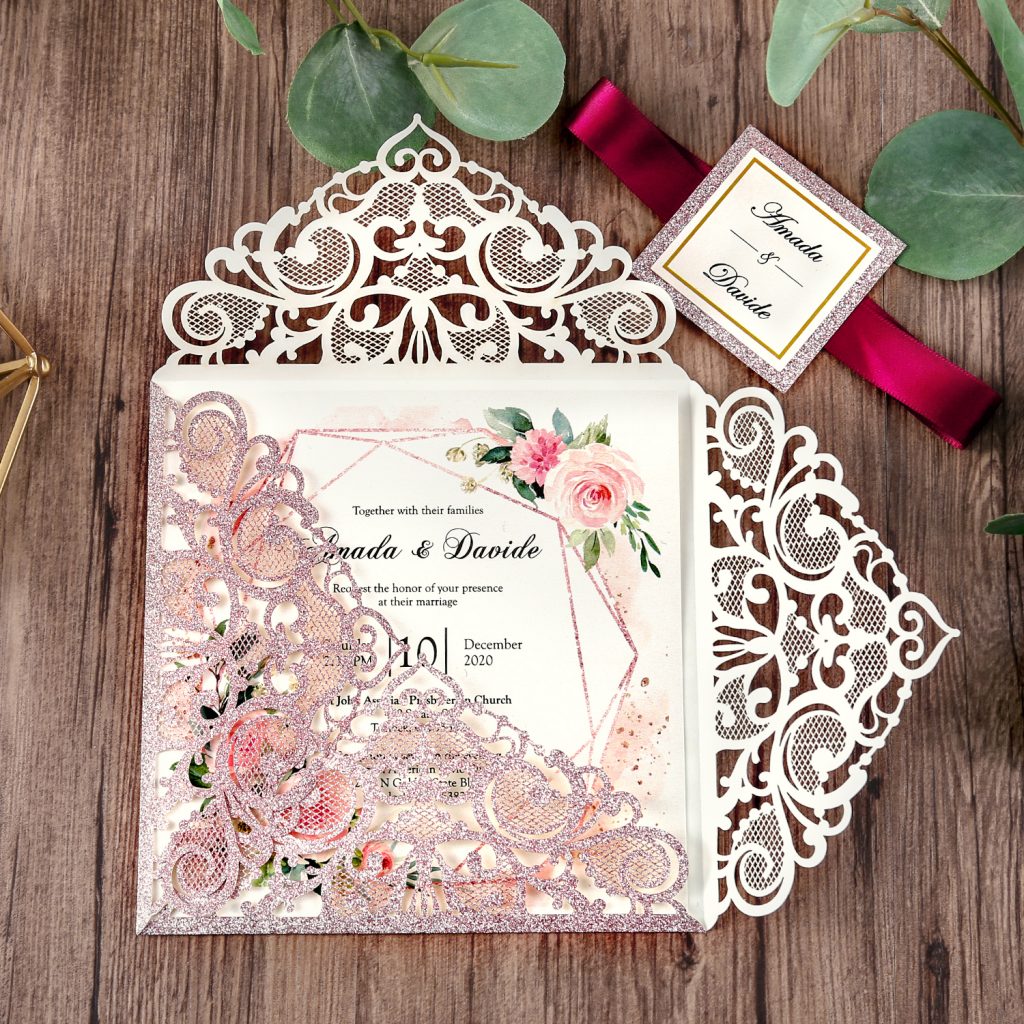 Blushing and Shining pink laser-cut pocket invitation card ...