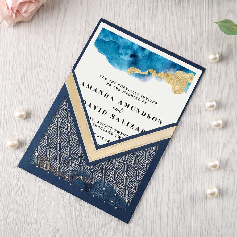 Blue ‘V’ pull-out laser-cut invitation card - Invitationcards